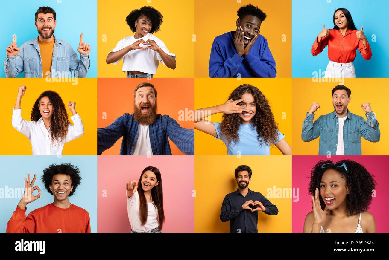 Diverse group of people expressing joy in a colorful collage Stock ...