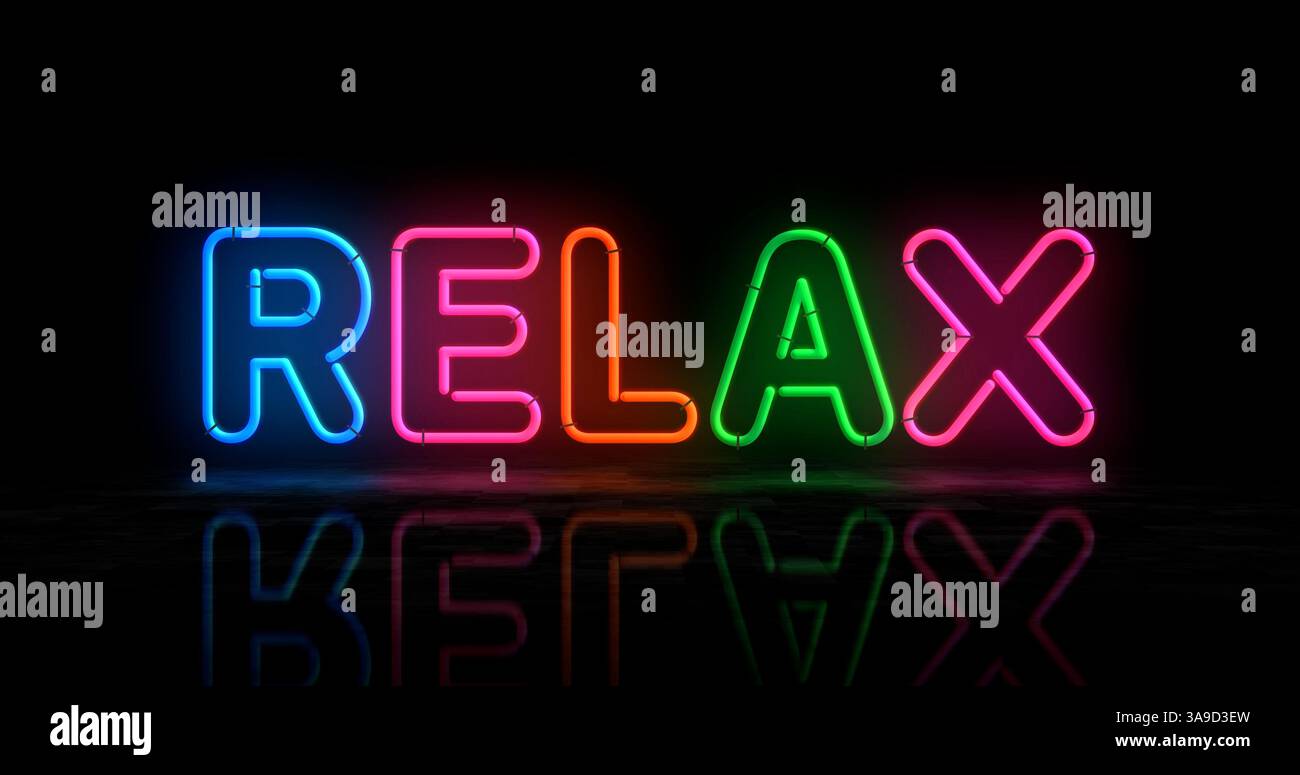 Relax neon symbol. Rest light color bulbs. Abstract concept 3d ...