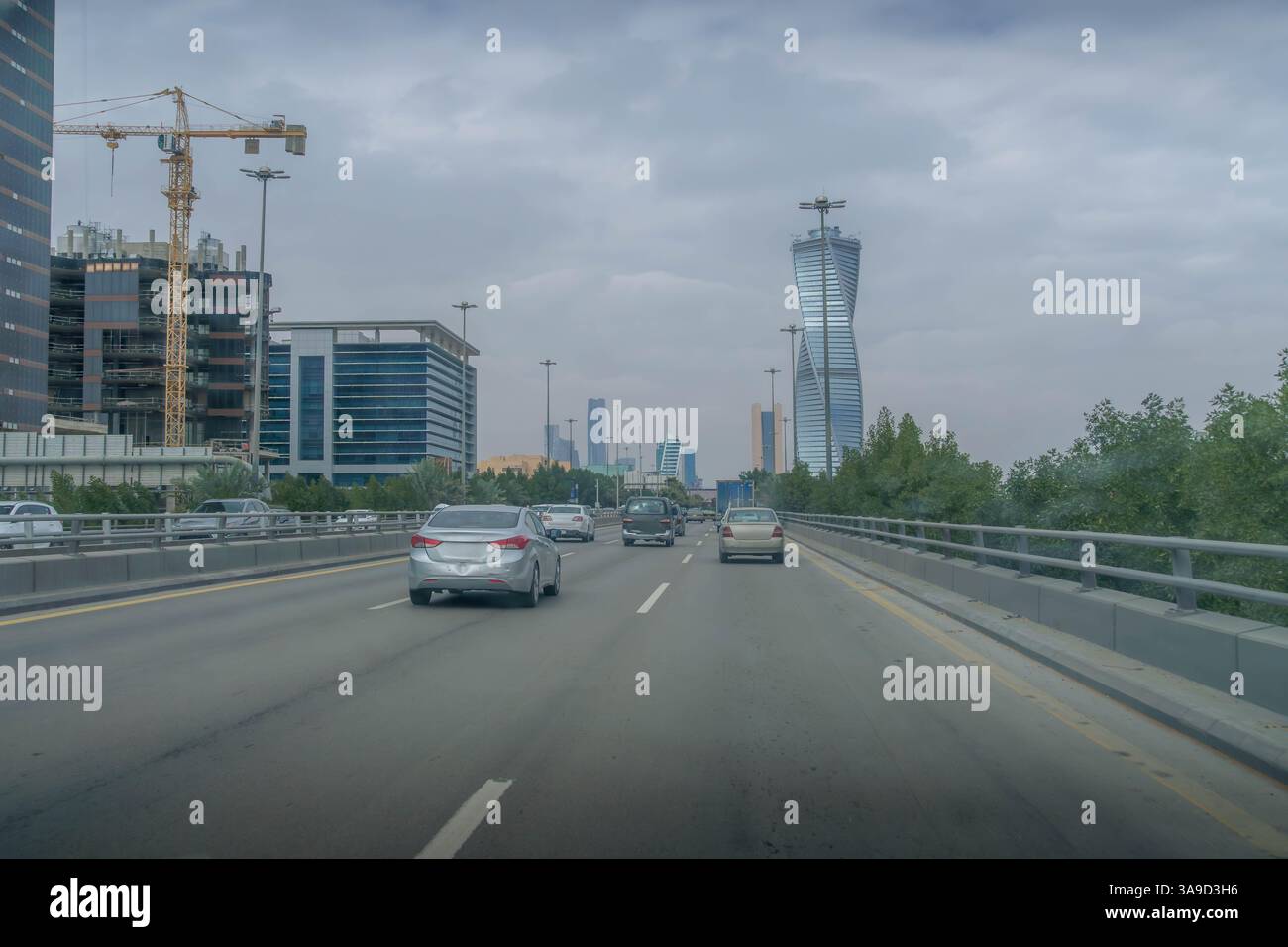 The car view on the modern Riyadh highway with cars in motion, with Al ...