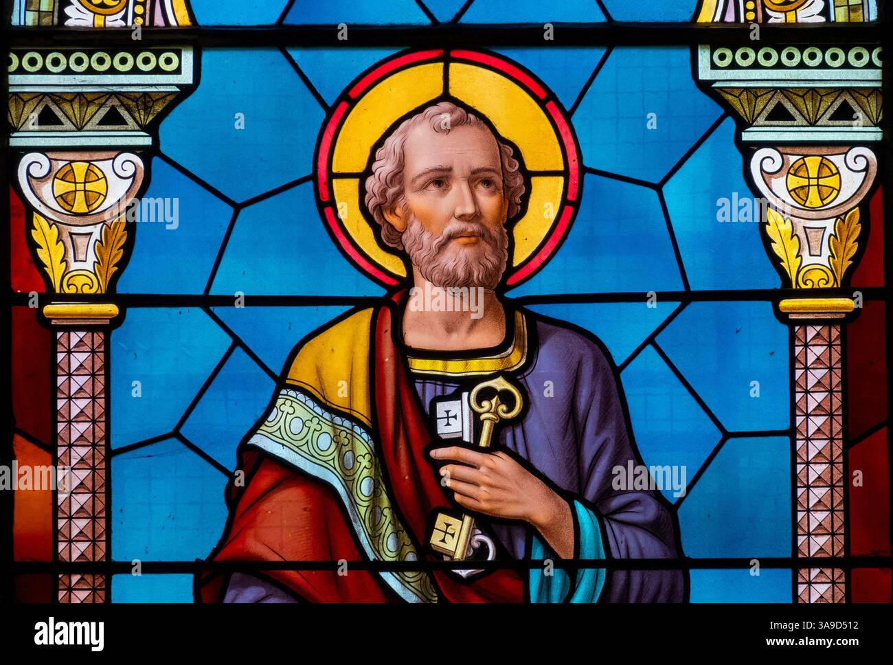 Saint-Chef, France - 03-21-2025: Stained glass (1912) of Saint Peter ...