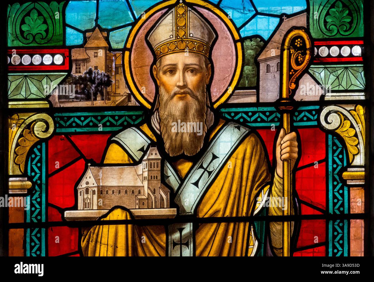 Saint-Chef, France - 03-21-2025: Stained glass (1912) of Saint Leger ...