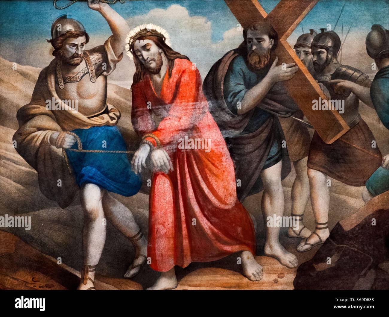 La Tour, France - 03-28-2025: Painting (early 20th century) of The Way of the Cross. Fifth ...