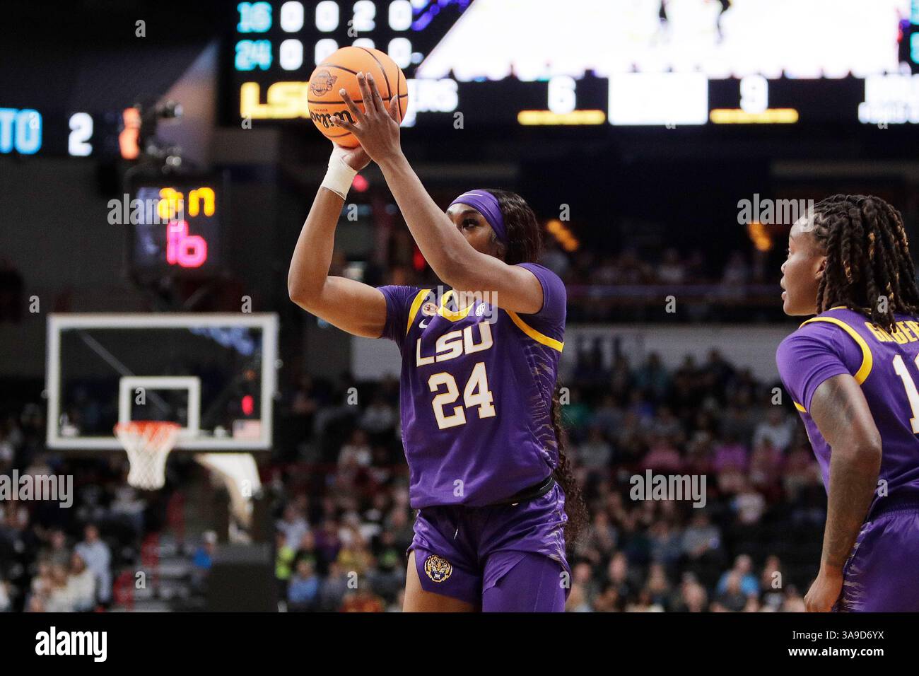 LSU forward Aneesah Morrow (24) shoots during the first half against UCLA in the Elite Eight of ...