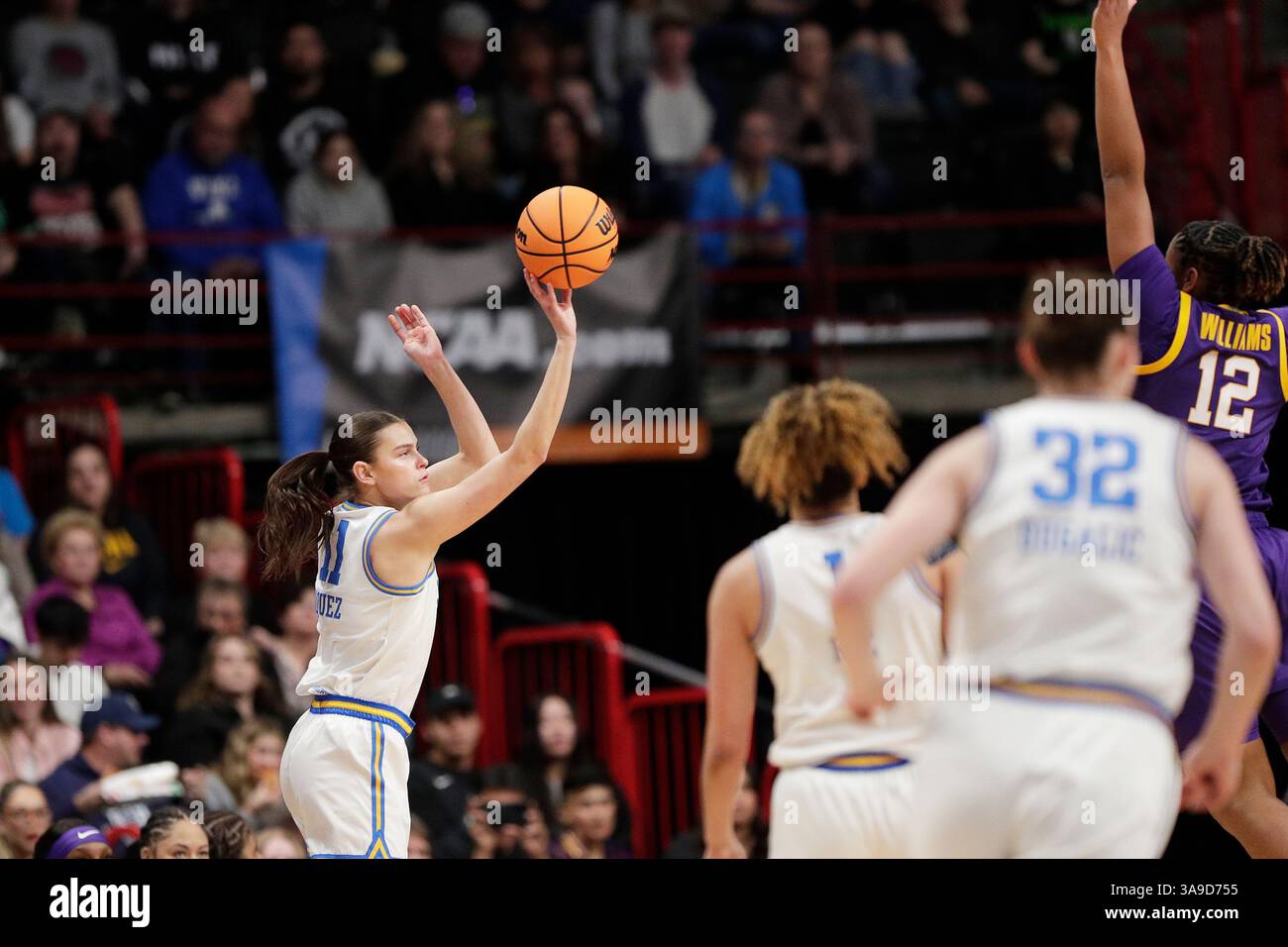 UCLA guard Gabriela Jaquez (11) shoots while pressured by LSU guard ...