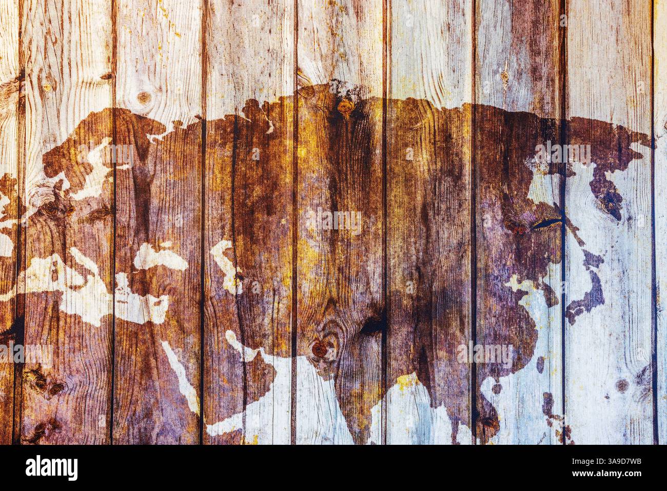 World map of Europe and Asia painted on old wooden planks with vintage ...