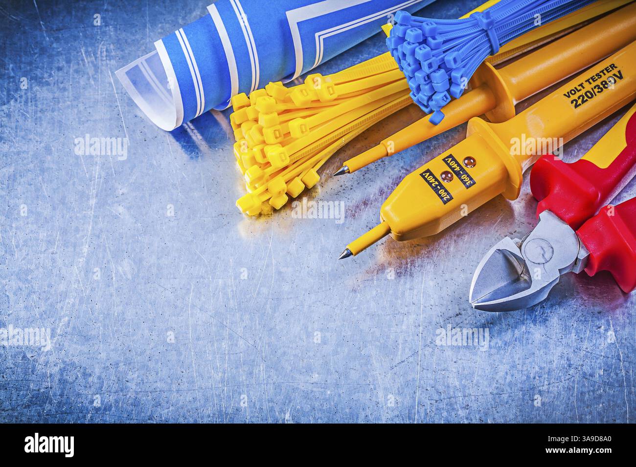 Yellow electrical tester self-locking cable ties blue blueprints ...