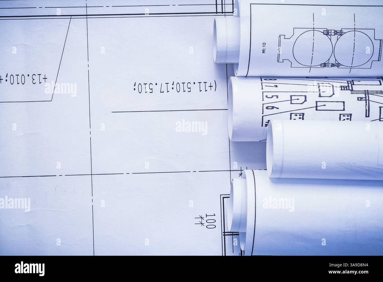 Rolled up conctruction blueprints with copyspace for your text Stock ...