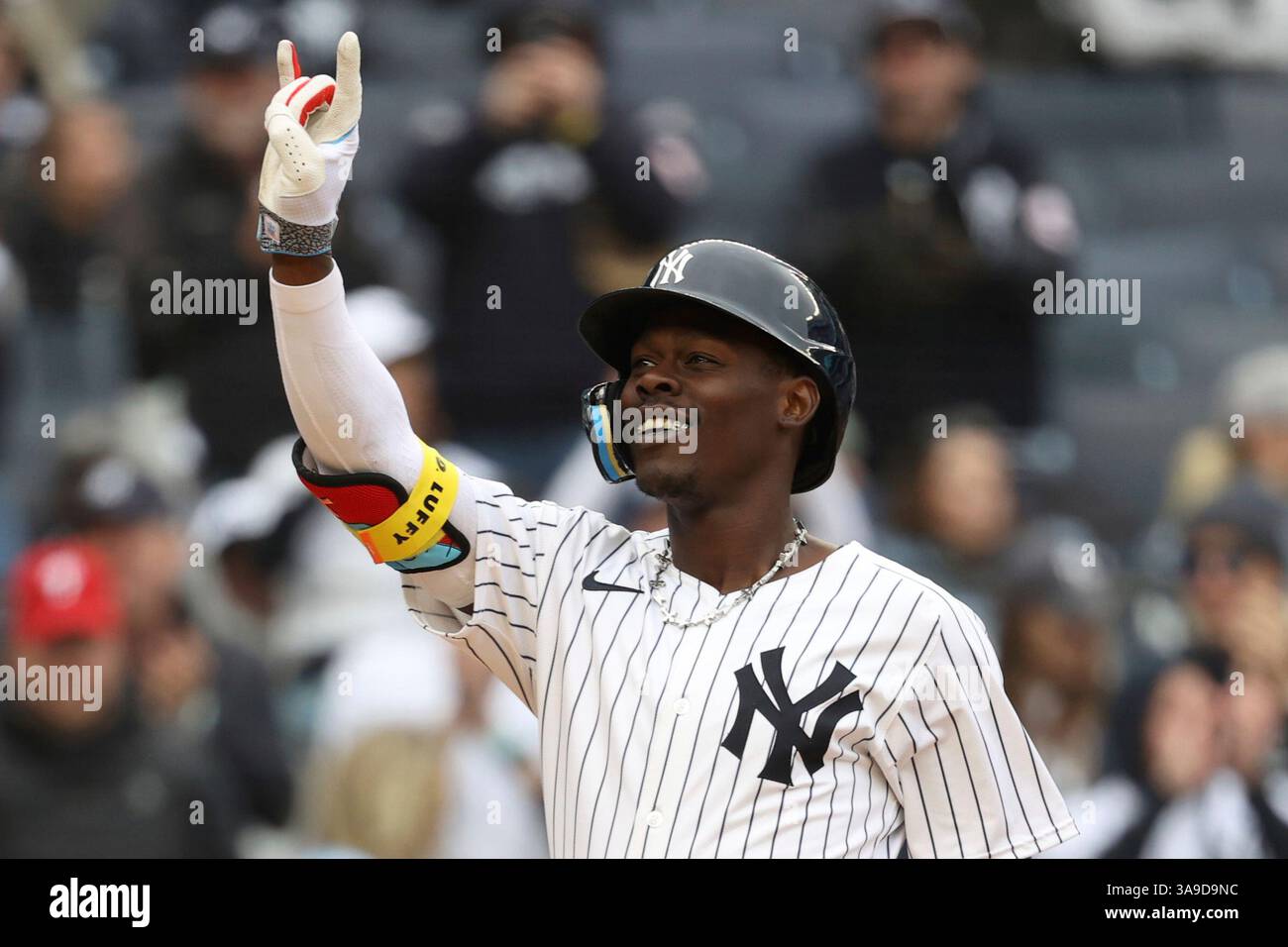 New York Yankees' Jazz Chisholm Jr. reacts after hitting a three-run home run, also scoring Paul ...