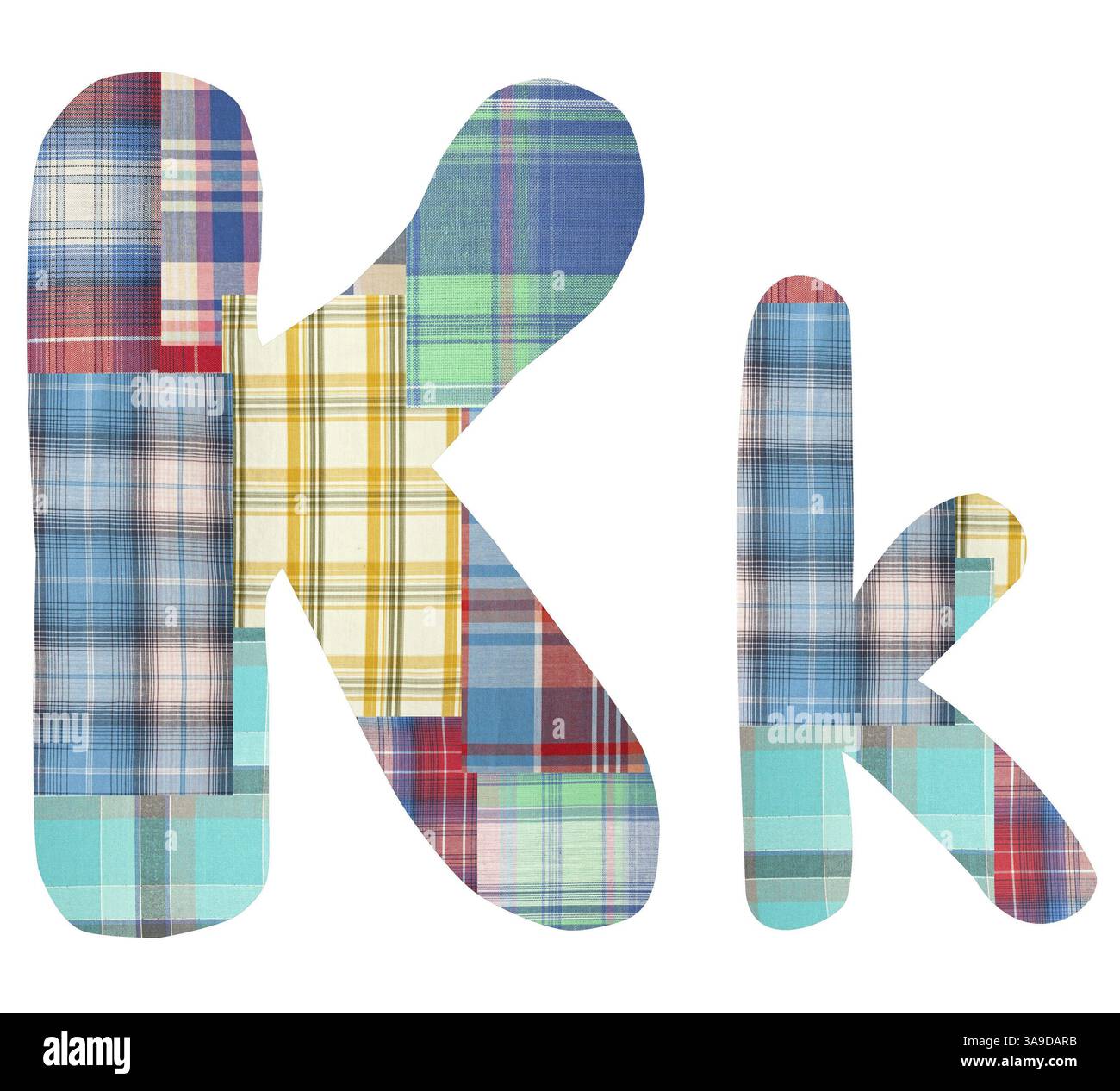 Collage letter K of the color patches checkered fabric on a white ...