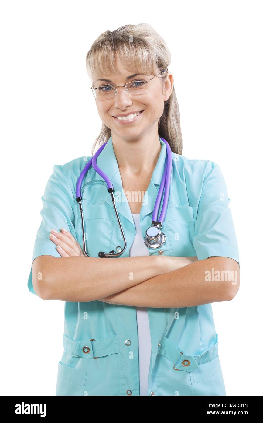 Beautiful female doctor with crossed arms isolated Stock Photo - Alamy