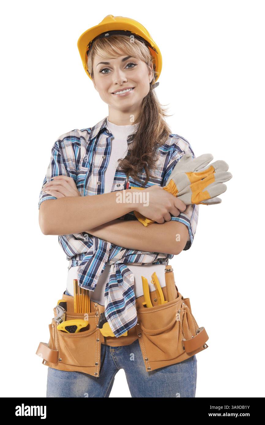 Beautiful female construction worker on photo with agitation appeal ...
