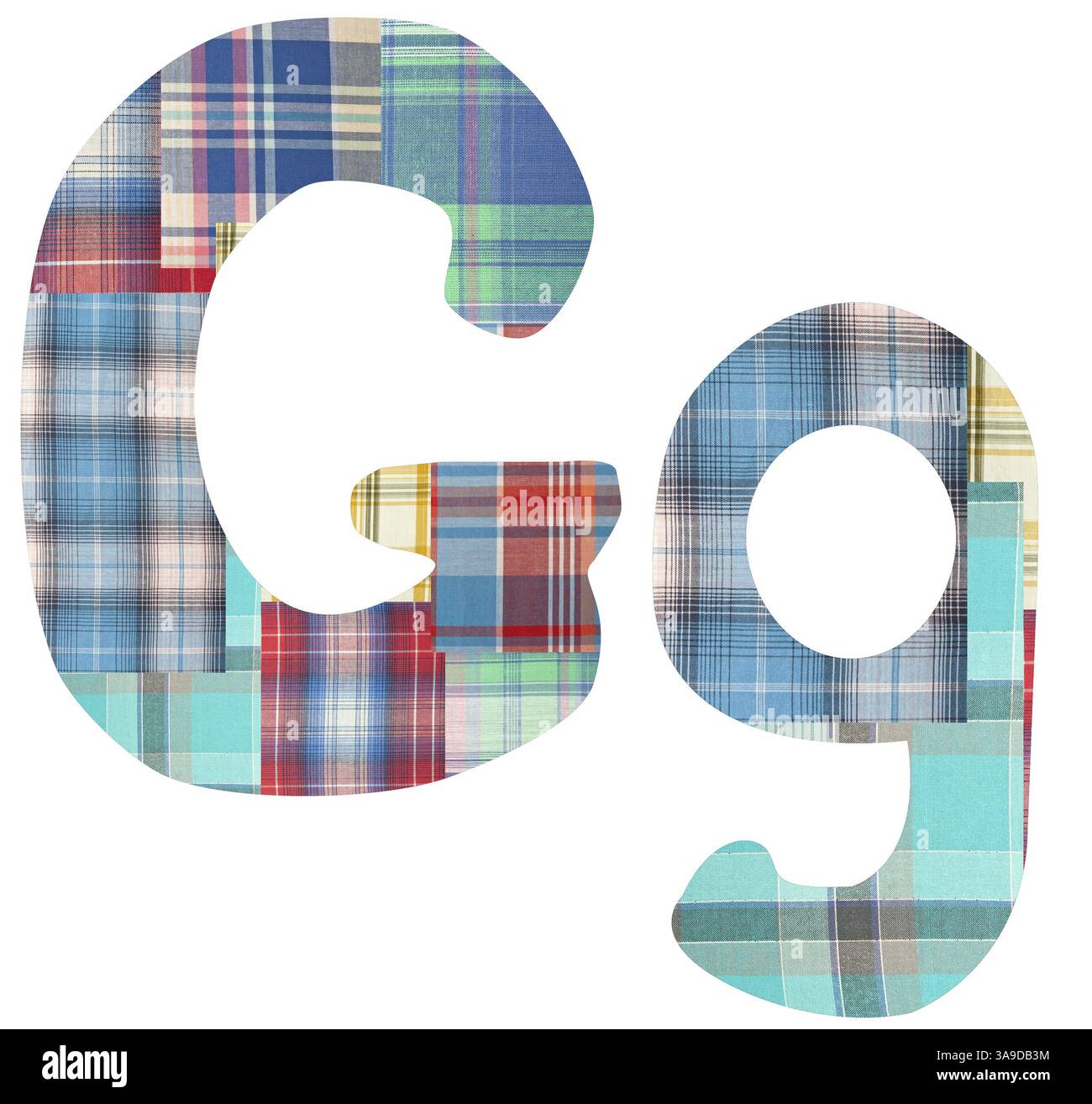 Collage letter G of the color patches checkered fabric on a white ...