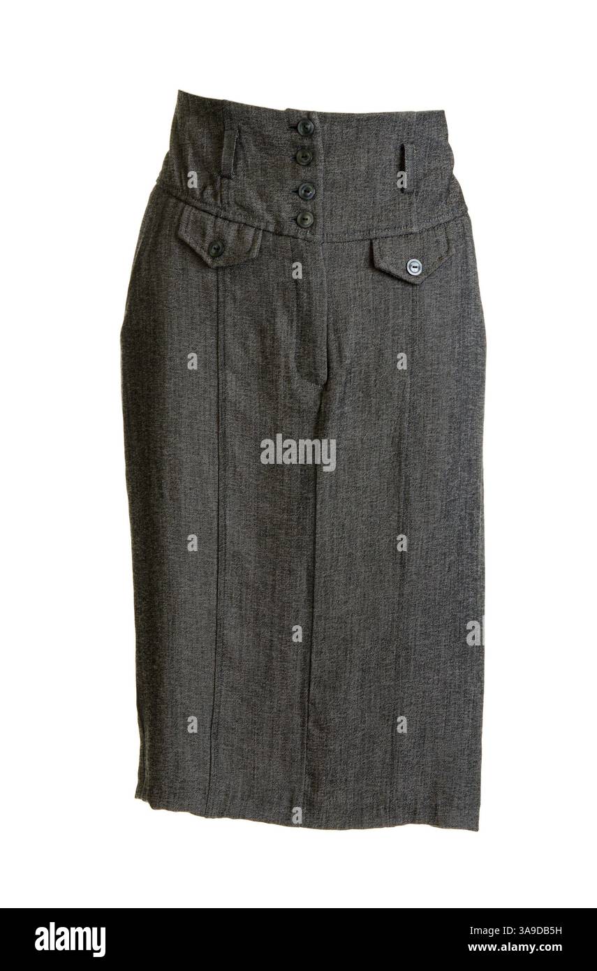 Gray feminine skirt with button on white background Stock Photo - Alamy