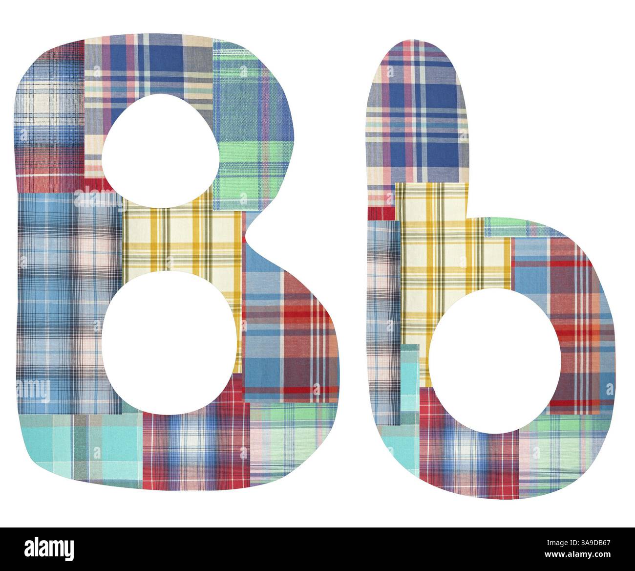 Collage letter B of the color patches checkered fabric on a white ...