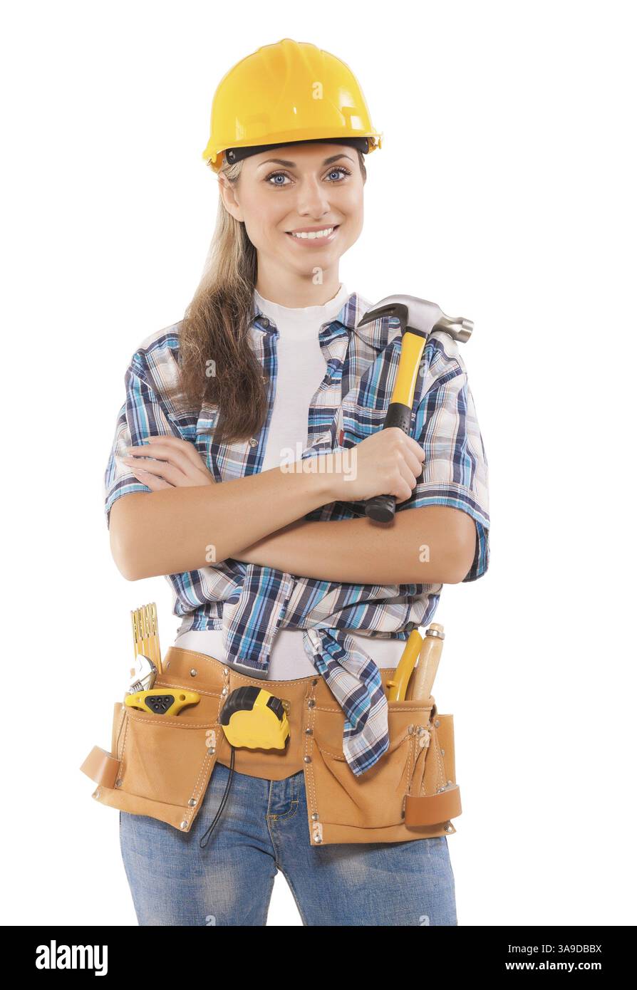 Female worker holding hammer isolated Stock Photo - Alamy