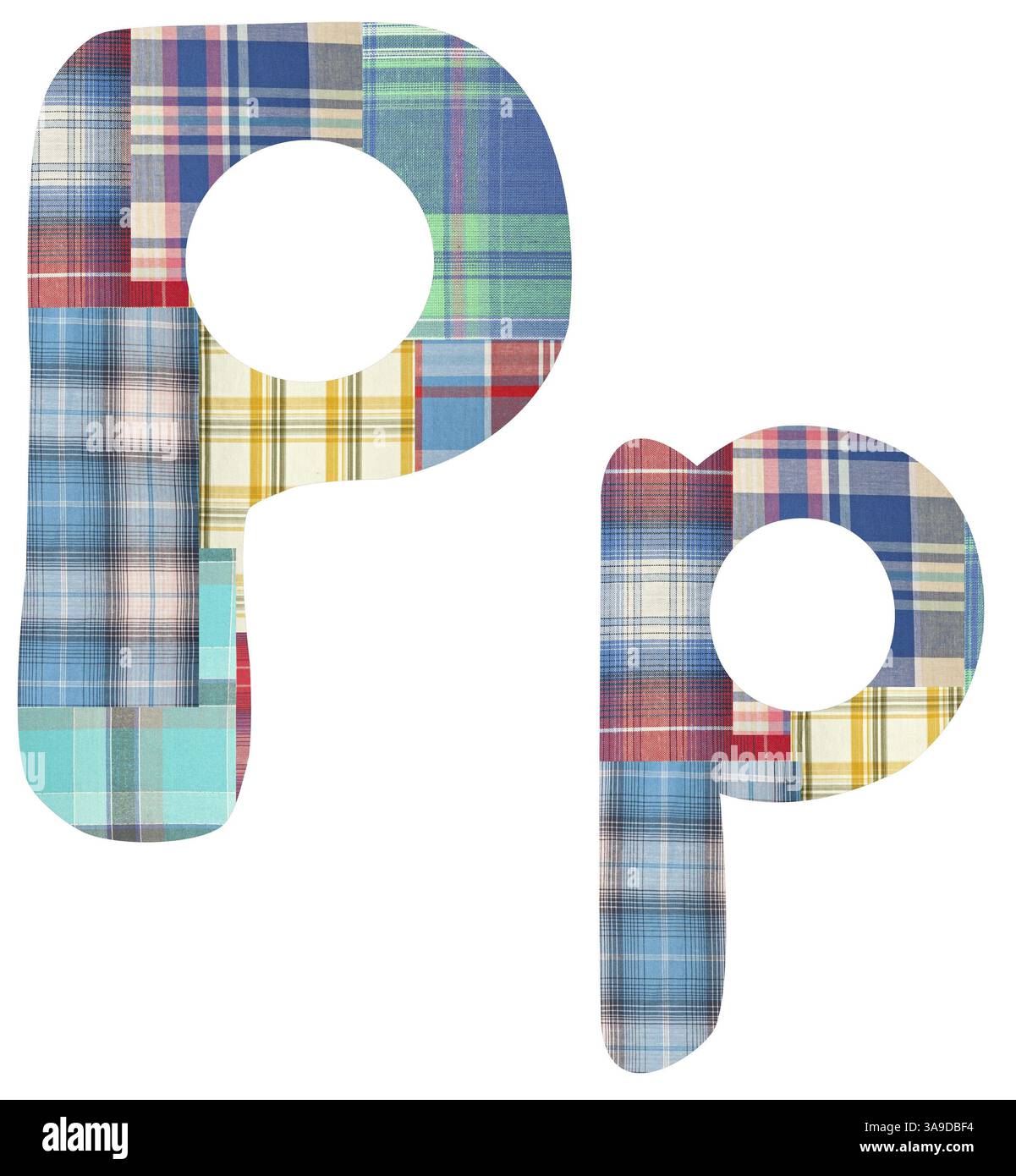Collage letter P of the color patches checkered fabric on a white ...