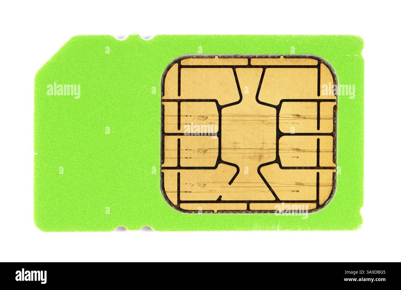 Green SIM card with scratches on the chip on a white background Stock ...