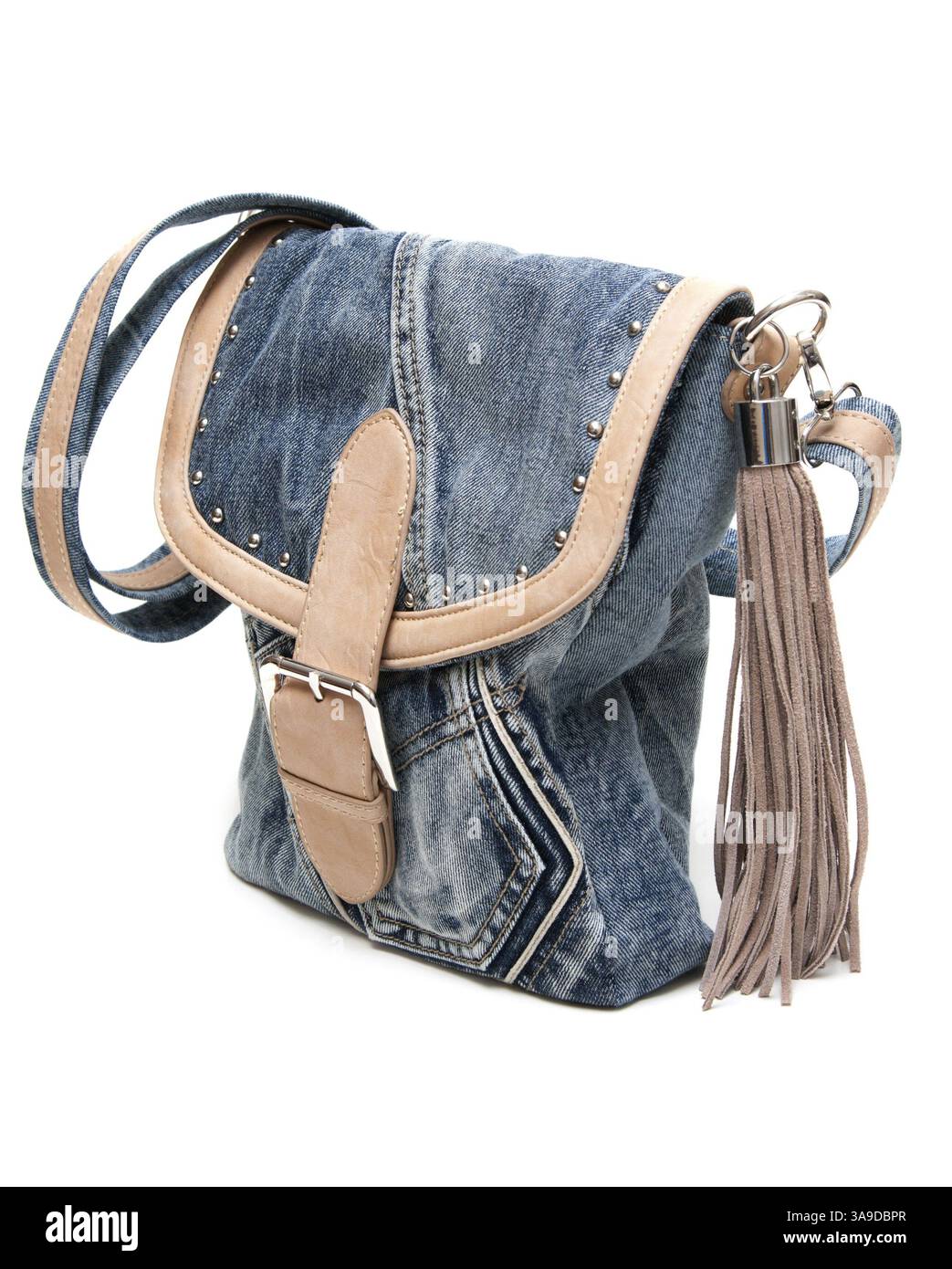 Feminine jeans bag with leather insertion on white background Stock ...
