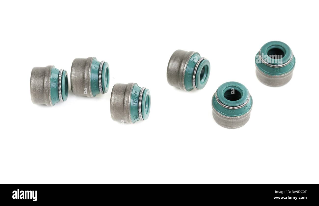 Original green valve stem seals isolated on white background Stock ...