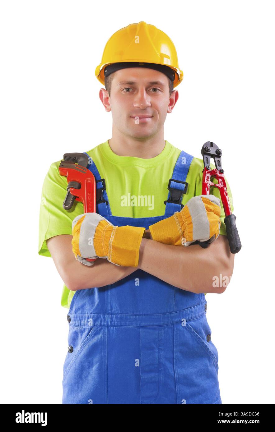 Worker holding pipe wrench and steel cutter Stock Photo - Alamy