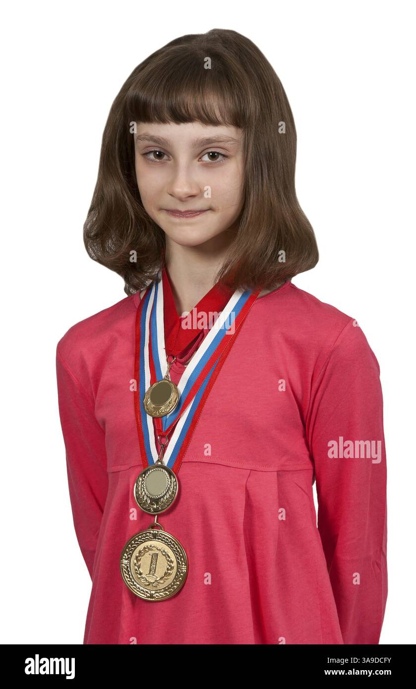 Girl winner with three gold medals isolated on a white background Stock ...