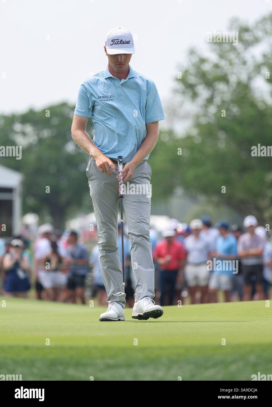 HOUSTON, TX - MARCH 30: Ryan Gerard (USA) studies his putt on 9 during ...