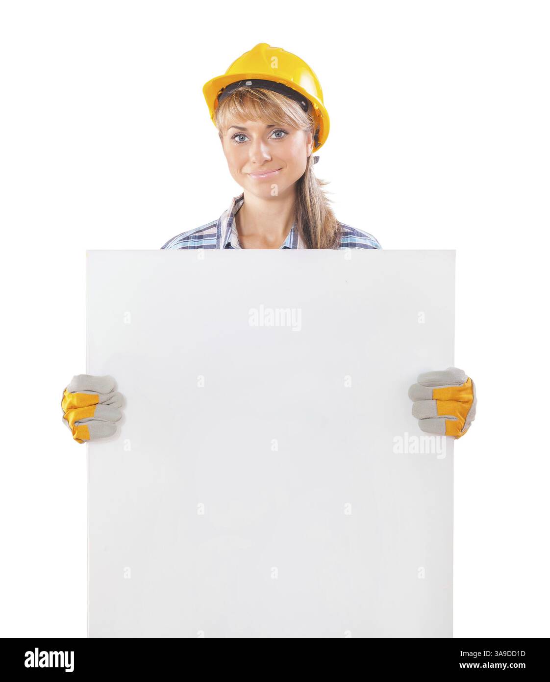 Female worker holding white plackard isolated on white background Stock ...