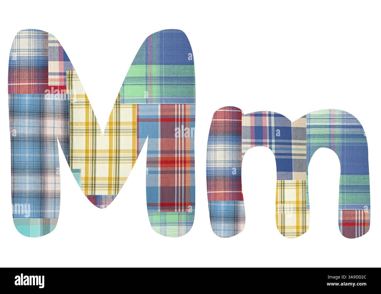 Collage letter M of the color patches checkered fabric on a white ...