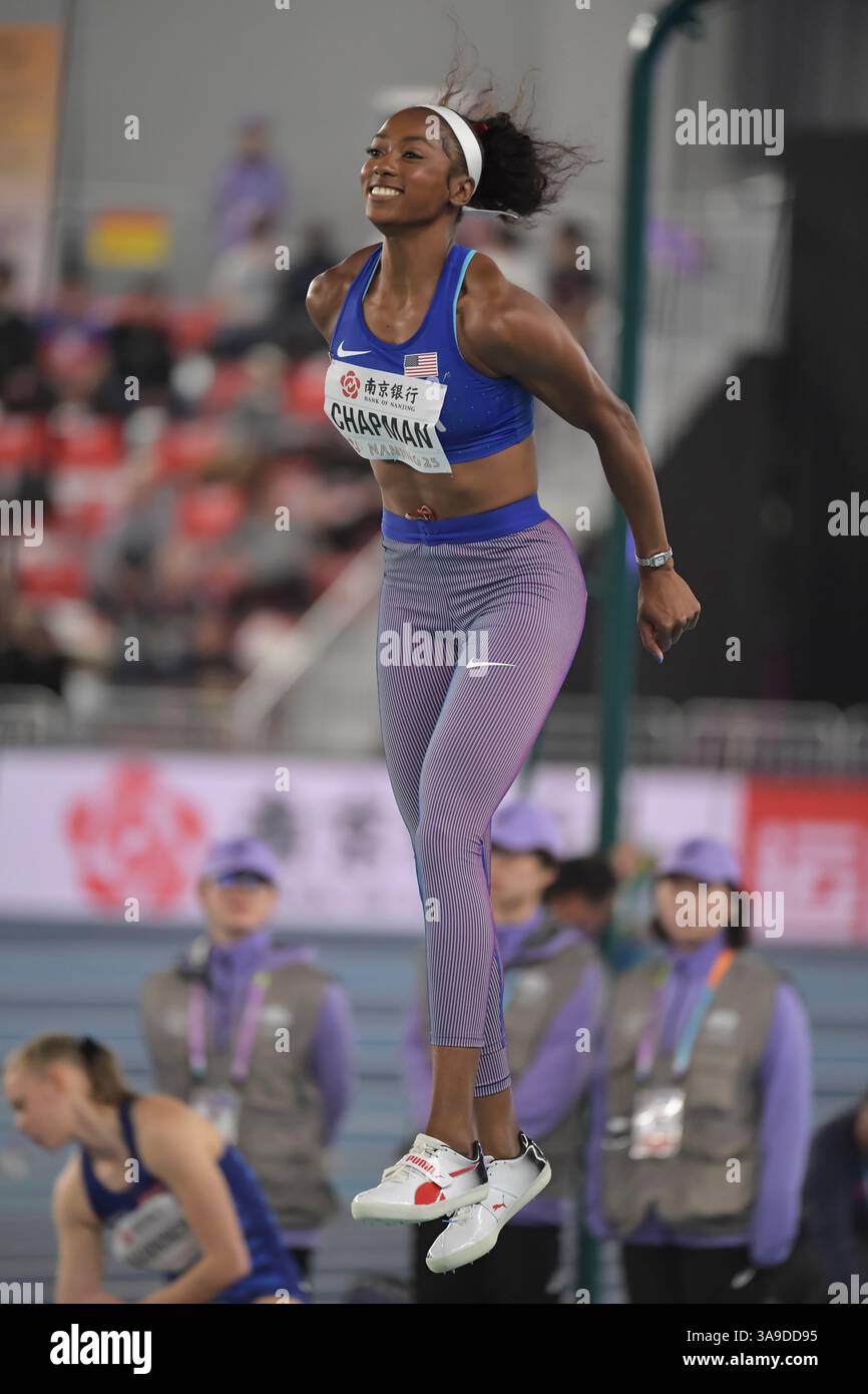 Timara Chapman of the USA competing in the women’s high jump pentathlon ...