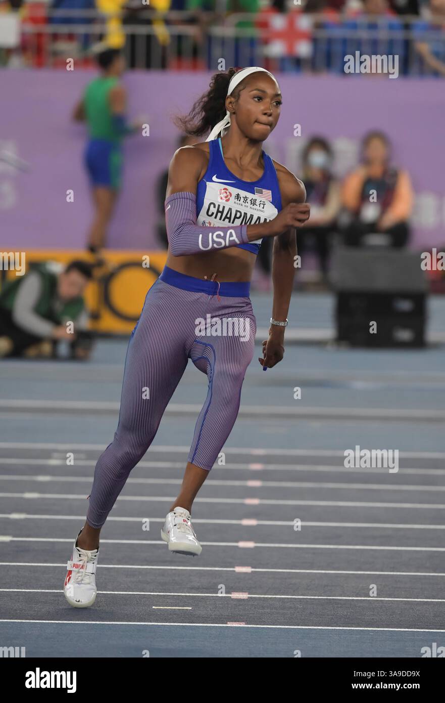 Timara Chapman of the USA competing in the women’s high jump pentathlon ...