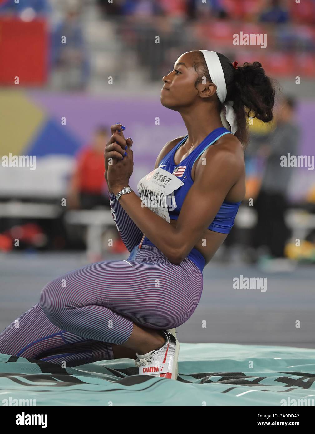 Timara Chapman of the USA competing in the women’s high jump pentathlon ...