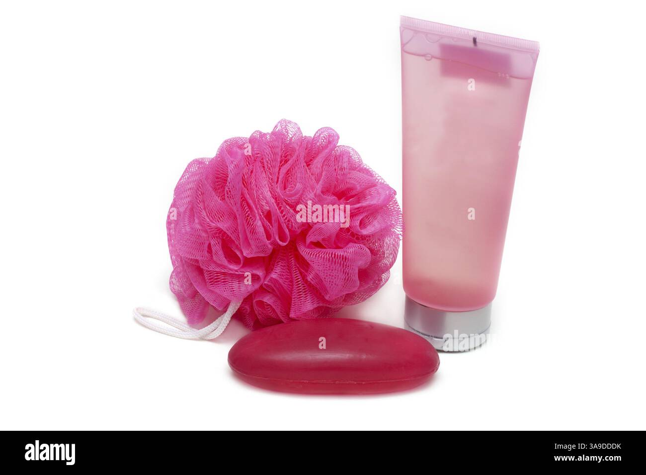 Rose sponge, red soap and tubes helium on white background Stock Photo ...