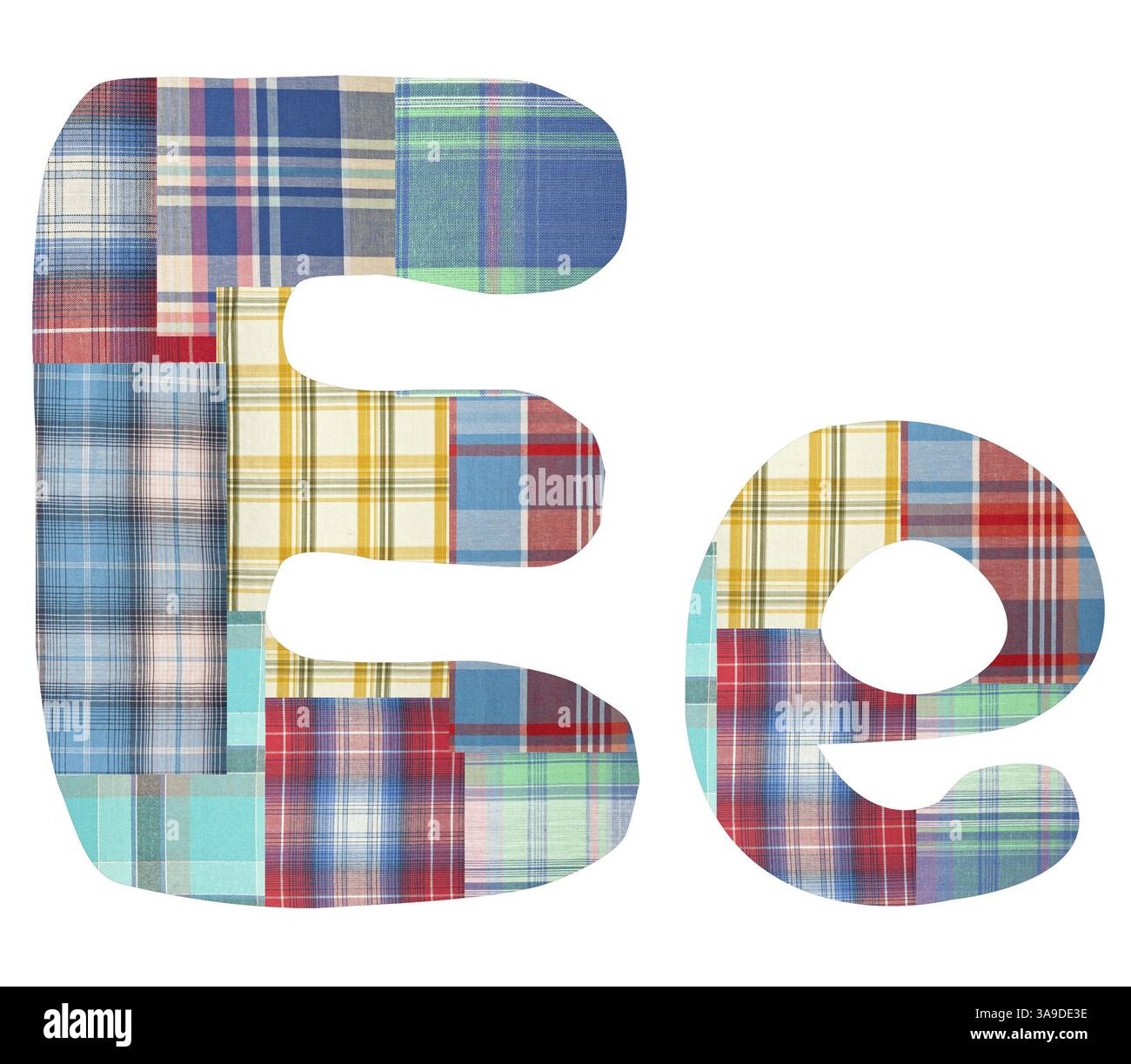 Collage letter E of the color patches checkered fabric on a white ...