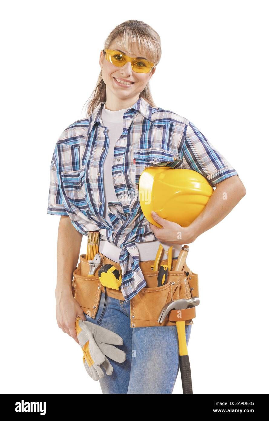 Portrait of beautiful female worker isolated on white background Stock ...