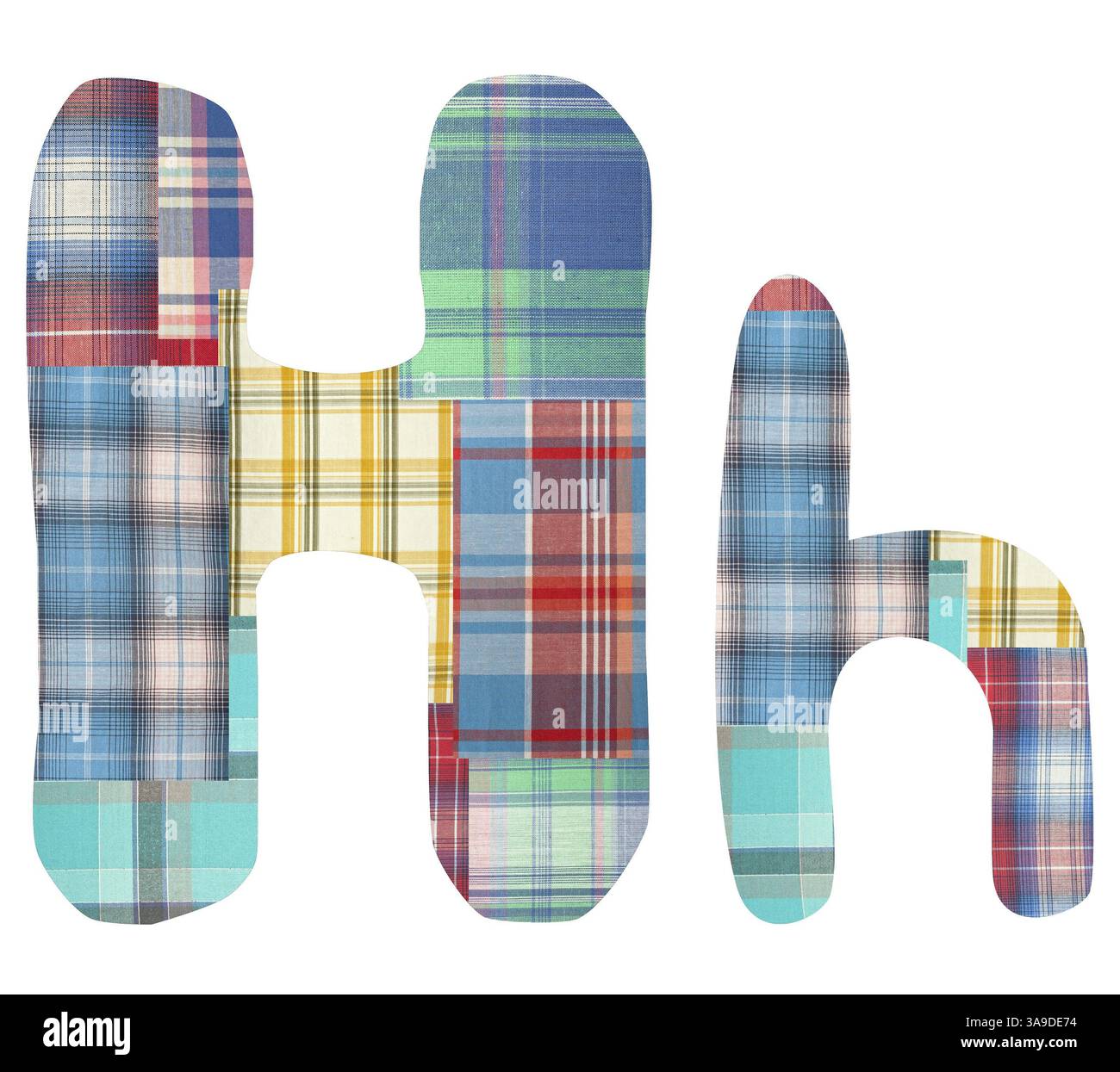 Collage letter H of the color patches checkered fabric on a white ...