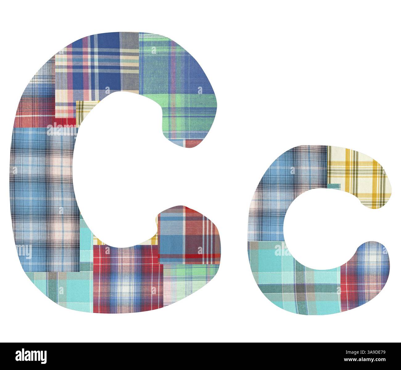 Collage letter C of the color patches checkered fabric on a white ...