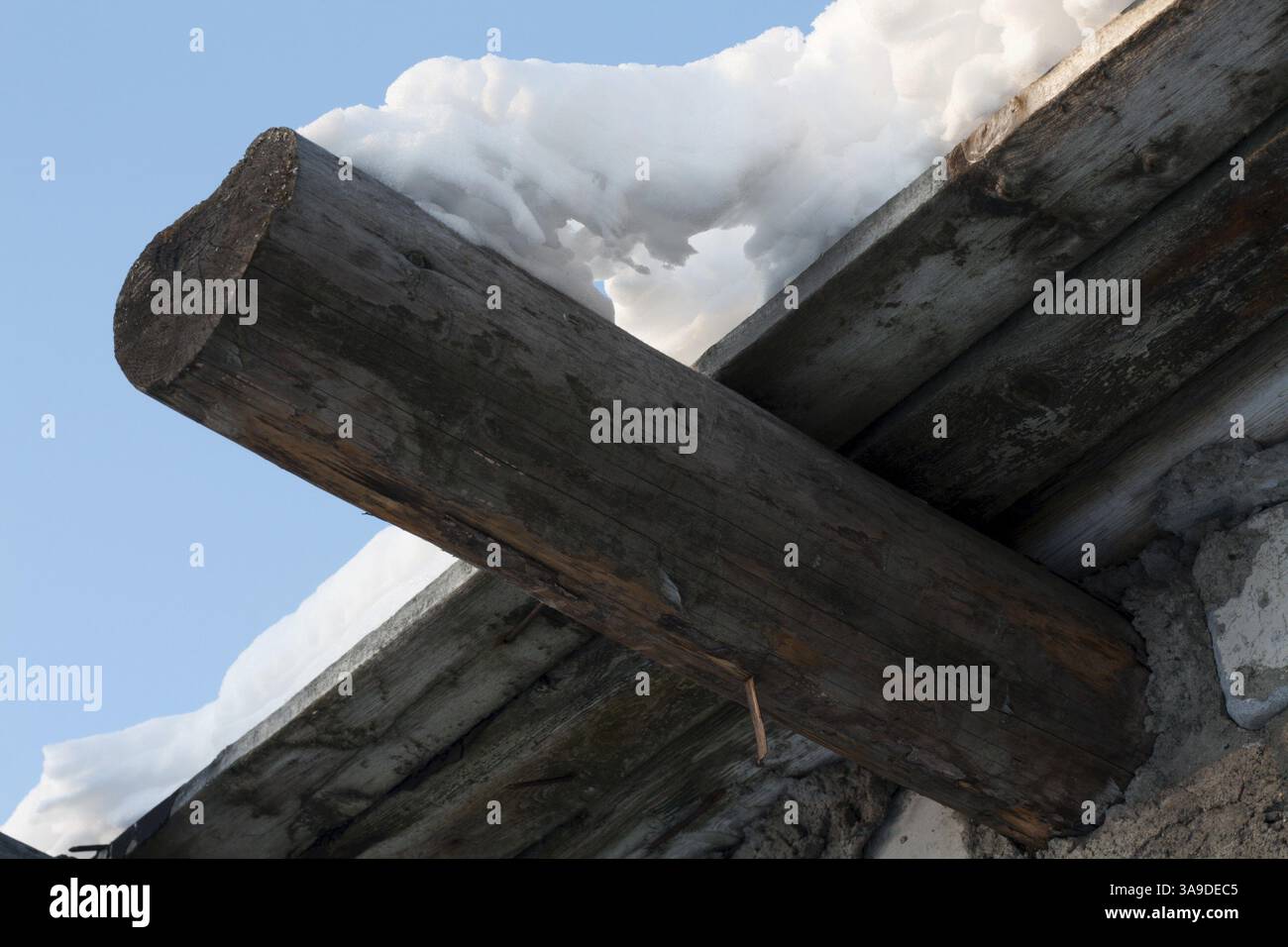 Wooden roof, drooping snow, winter, sunny, blue sky Stock Photo - Alamy
