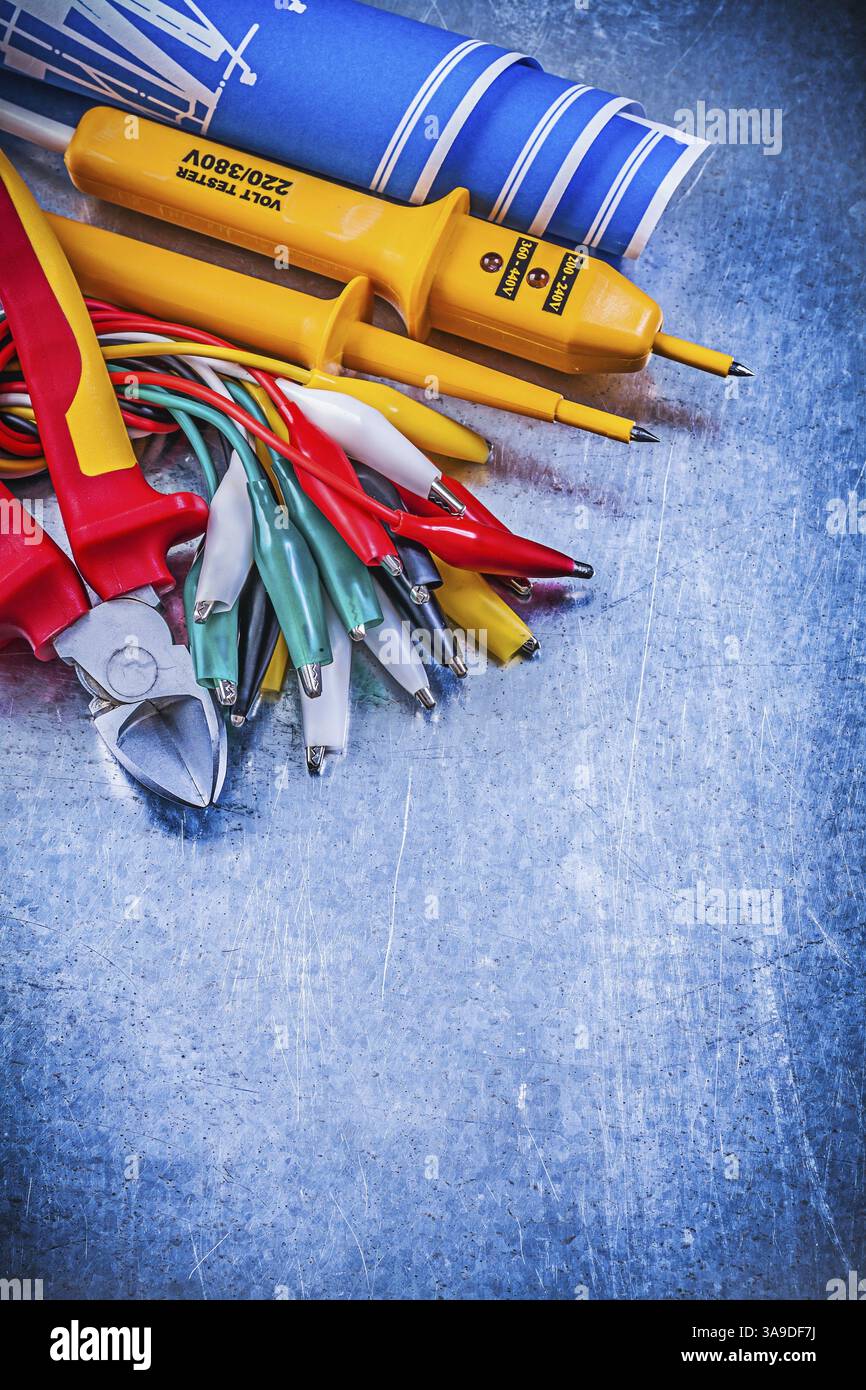 Yellow electrical tester crocodile clip cables blue construction plans ...