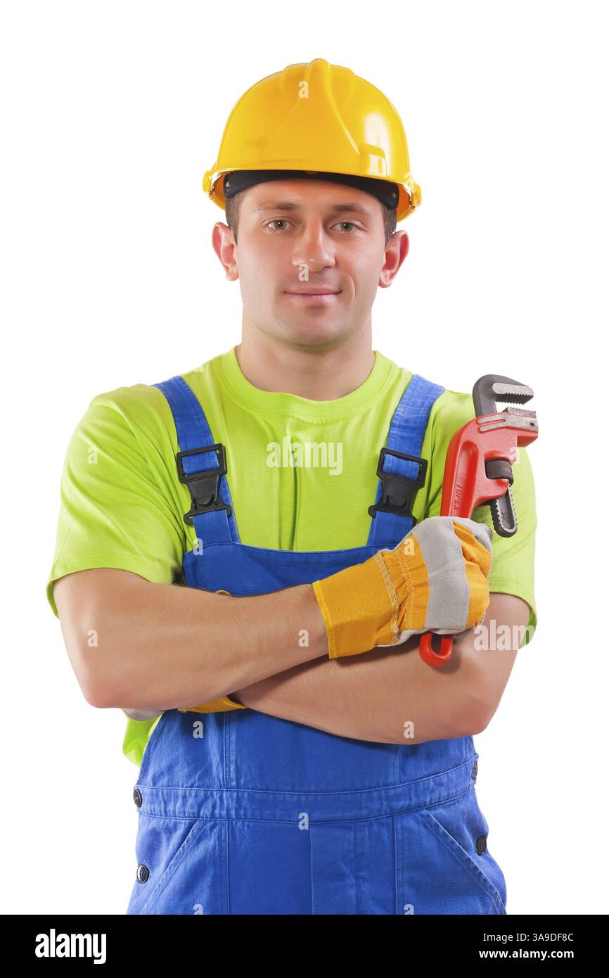 Worker with pipe wrench Stock Photo - Alamy