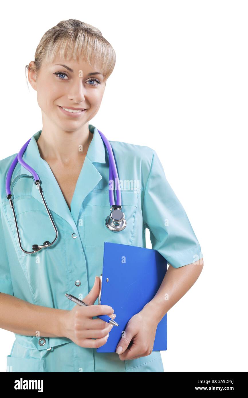 Beautiful female doctor holding blue clipboard isolated Stock Photo - Alamy