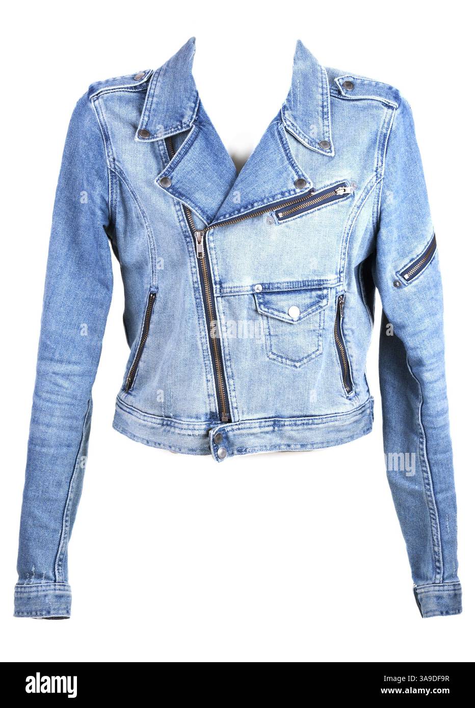 Jeans jacket in zipper insulated on white background Stock Photo - Alamy