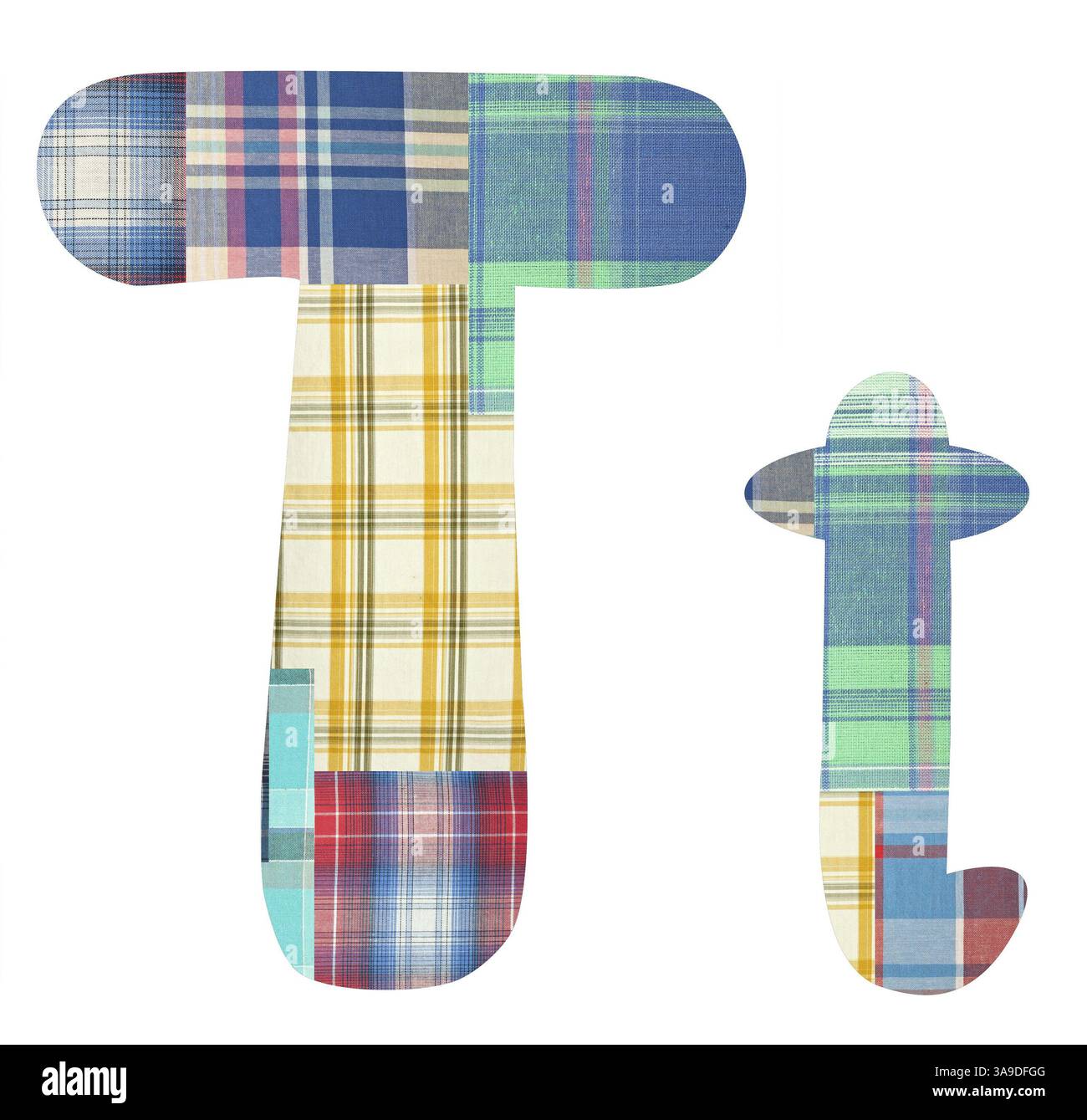 Collage letter T of the color patches checkered fabric on a white ...