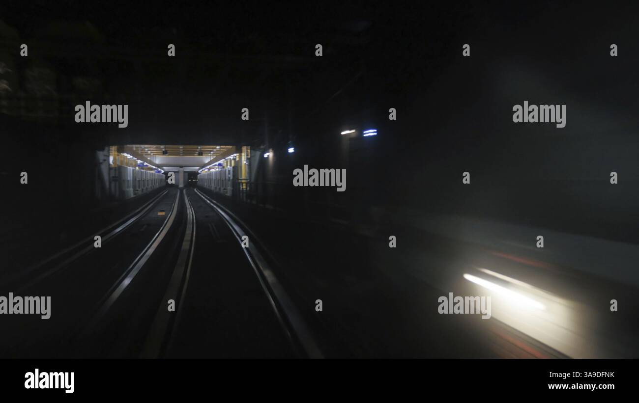 First person window perspective view of underground Paris subway tunnel ...