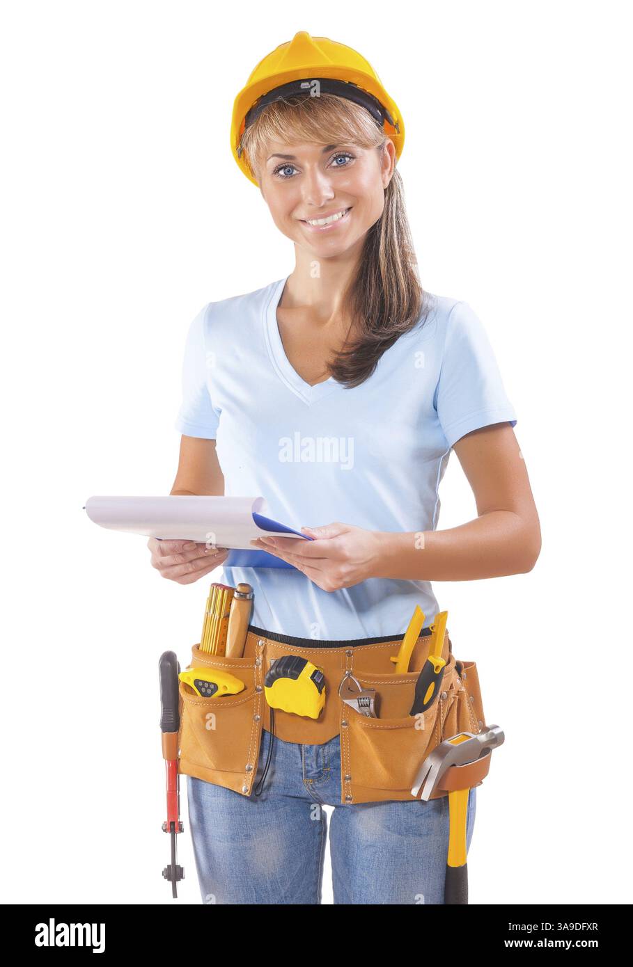Female Worker With Clipboard On White Background Stock Photo - Alamy