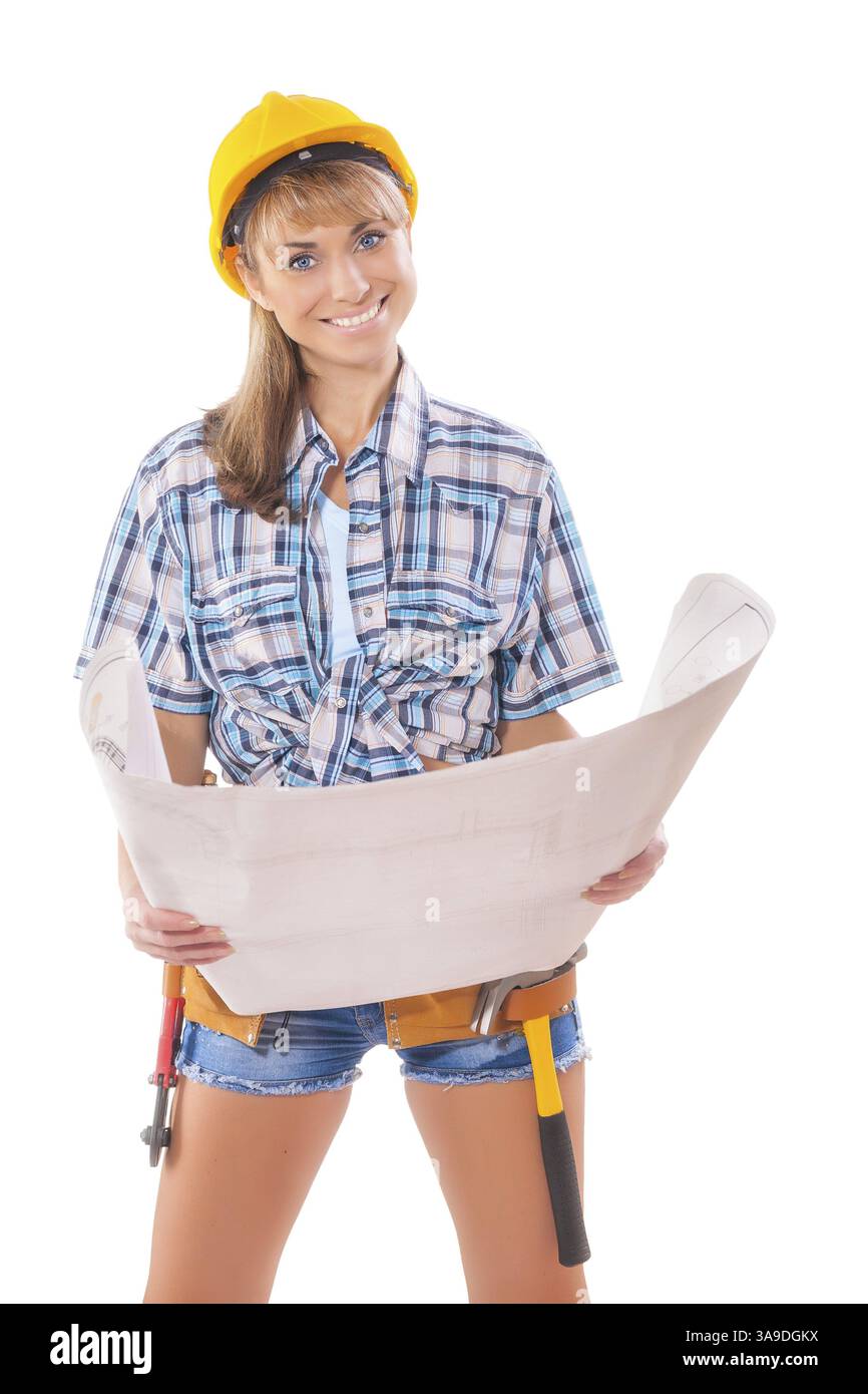 Female construction worker holding Cut Out Stock Images & Pictures - Alamy