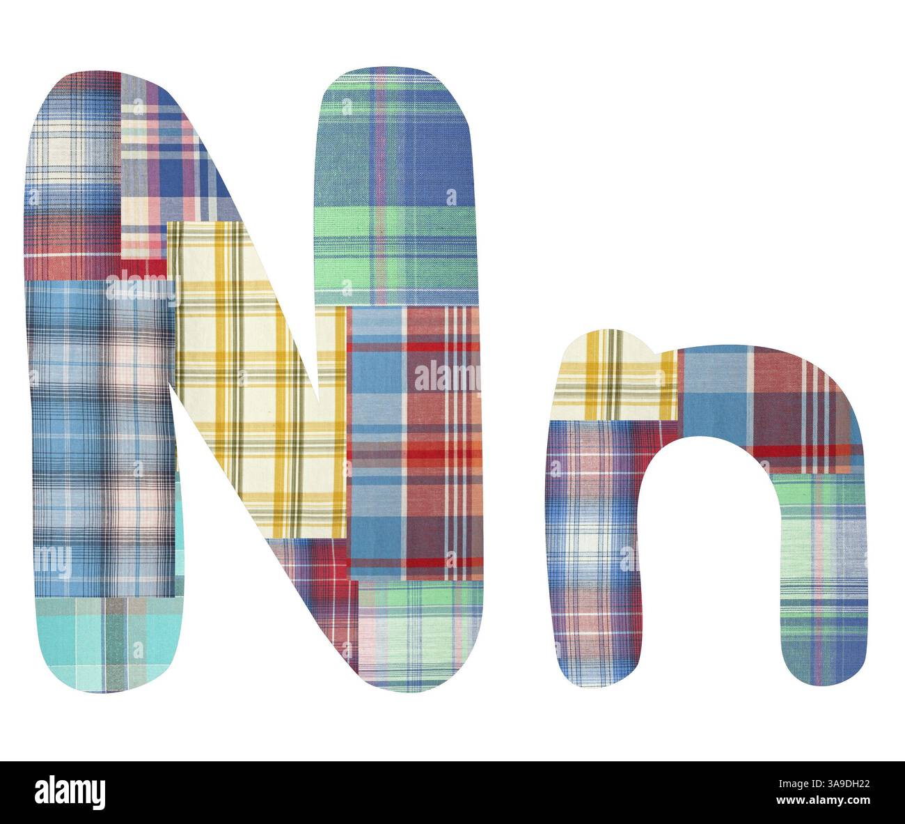 Collage letter N of the color patches checkered fabric on a white ...