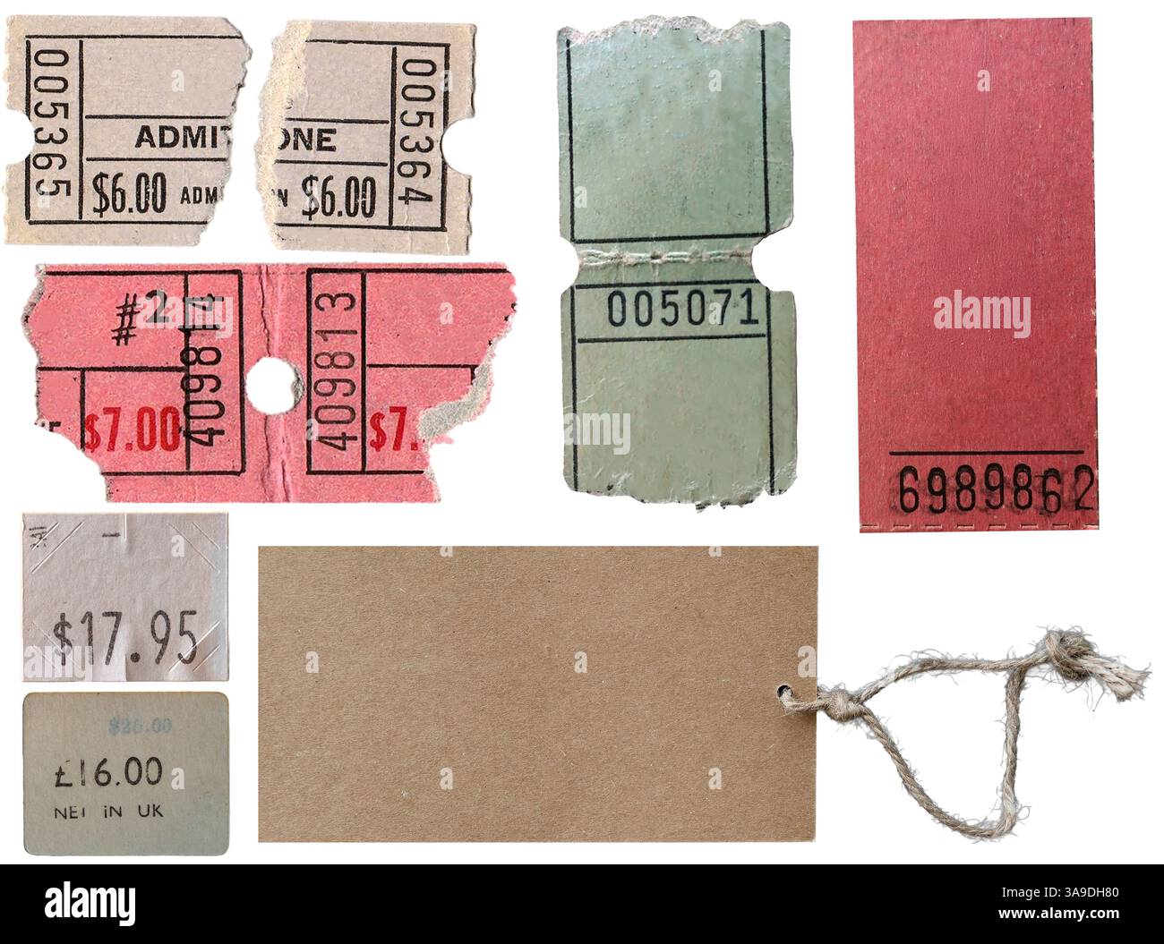 Collection pf blank old torn and stained vintage tickets and price tags ...
