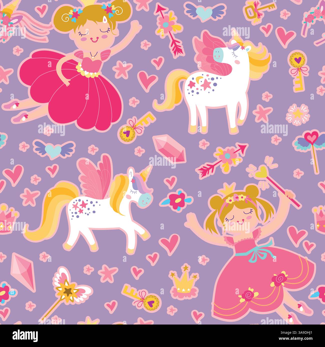 Vector childish seamless pattern with fairy and unicorn, stars, crystals, other elements. Fairy ...