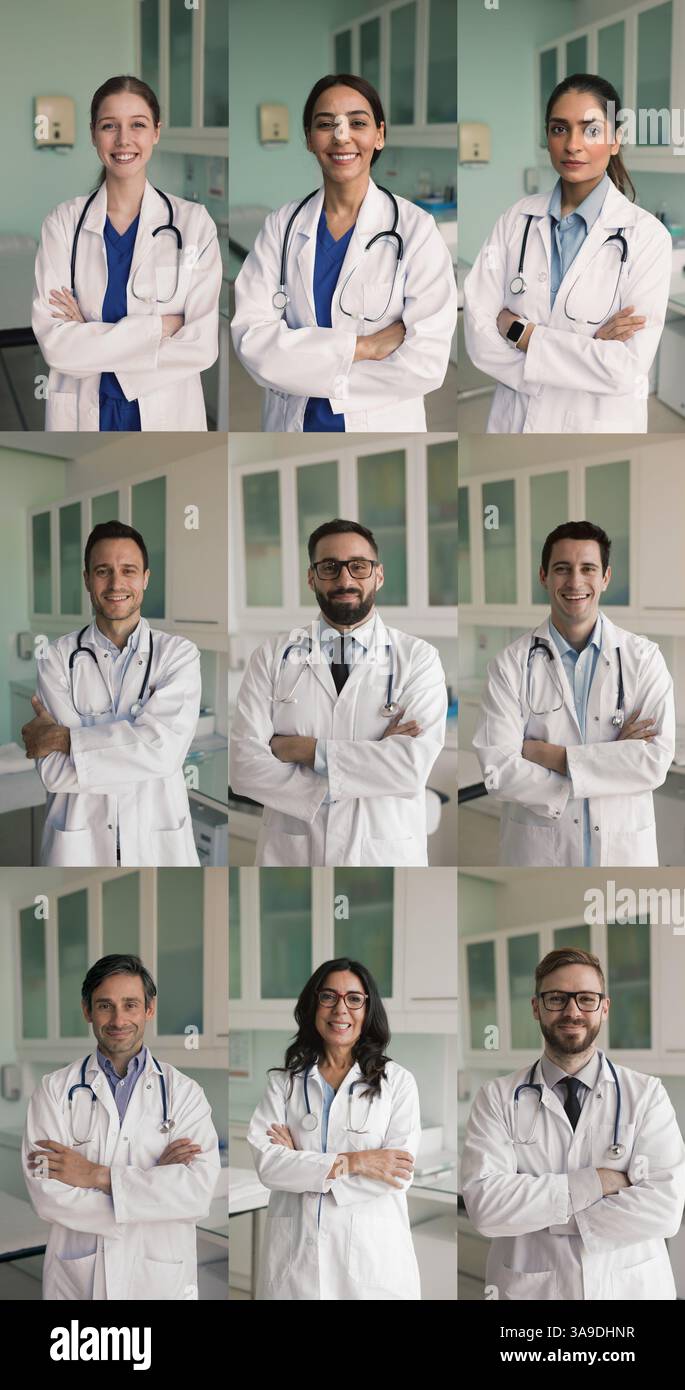 Vertical collage view group of multinational doctors posing in clinic ...