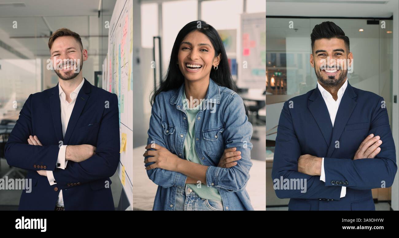 Three multinational teammates posing in office with arms-crossed Stock ...